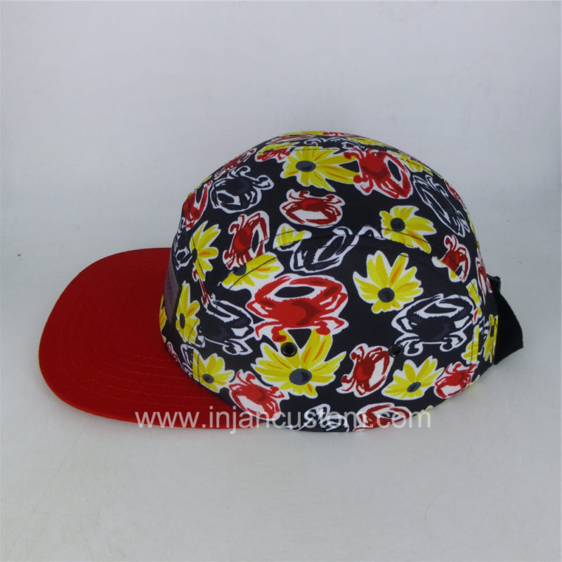 Custom Made 5 Panel Caps with Allover Printing Design And Leather Patch ...